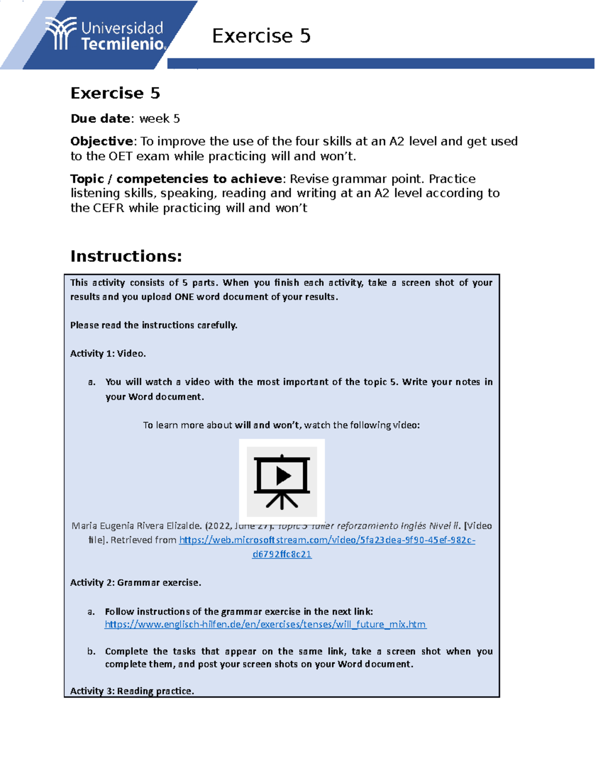 Exercise 5 - Workshop 5 Nivel III - Exercise 5 Due date: week 5 ...