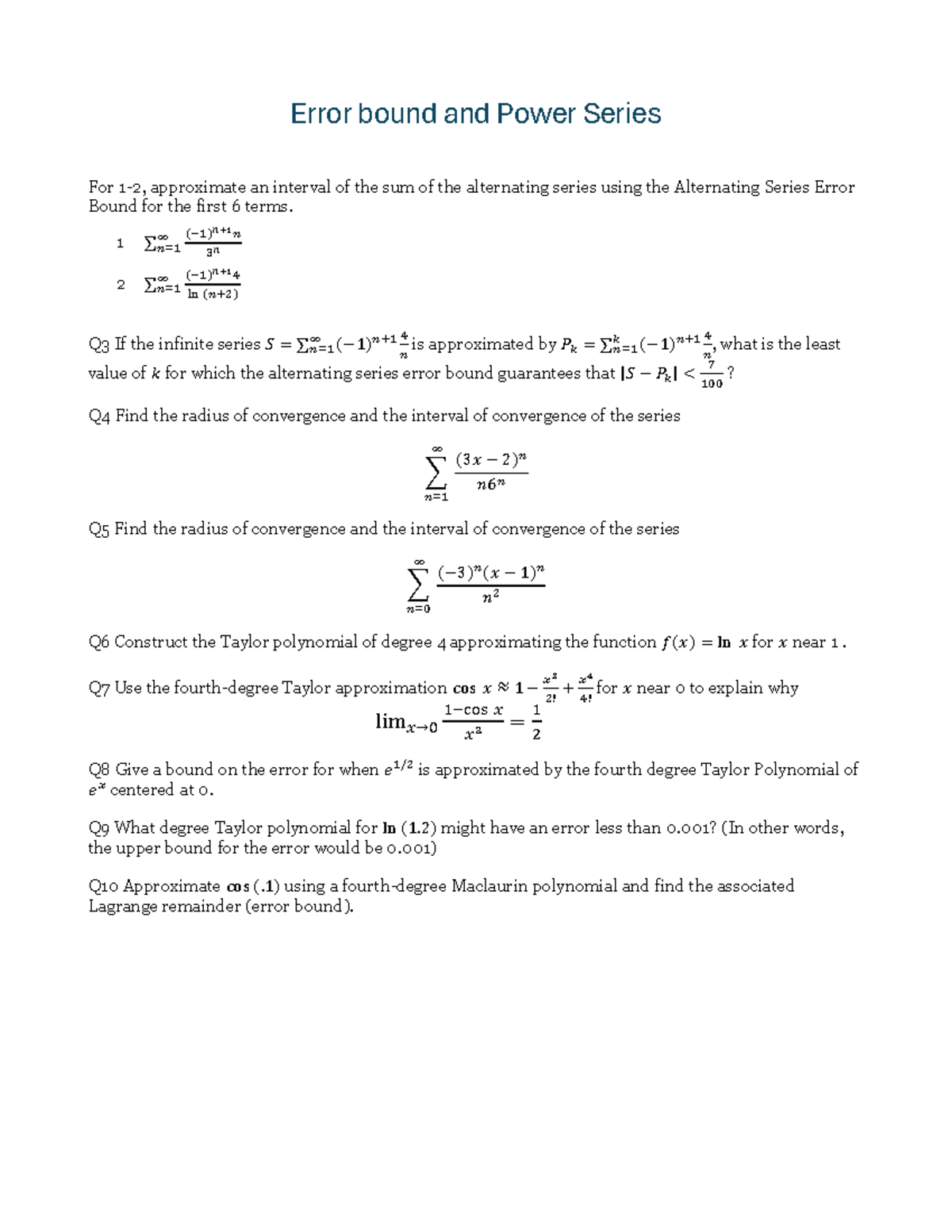 Sequence & Series 2 AP Calculus - Error bound and Power Series For 1-2 ...