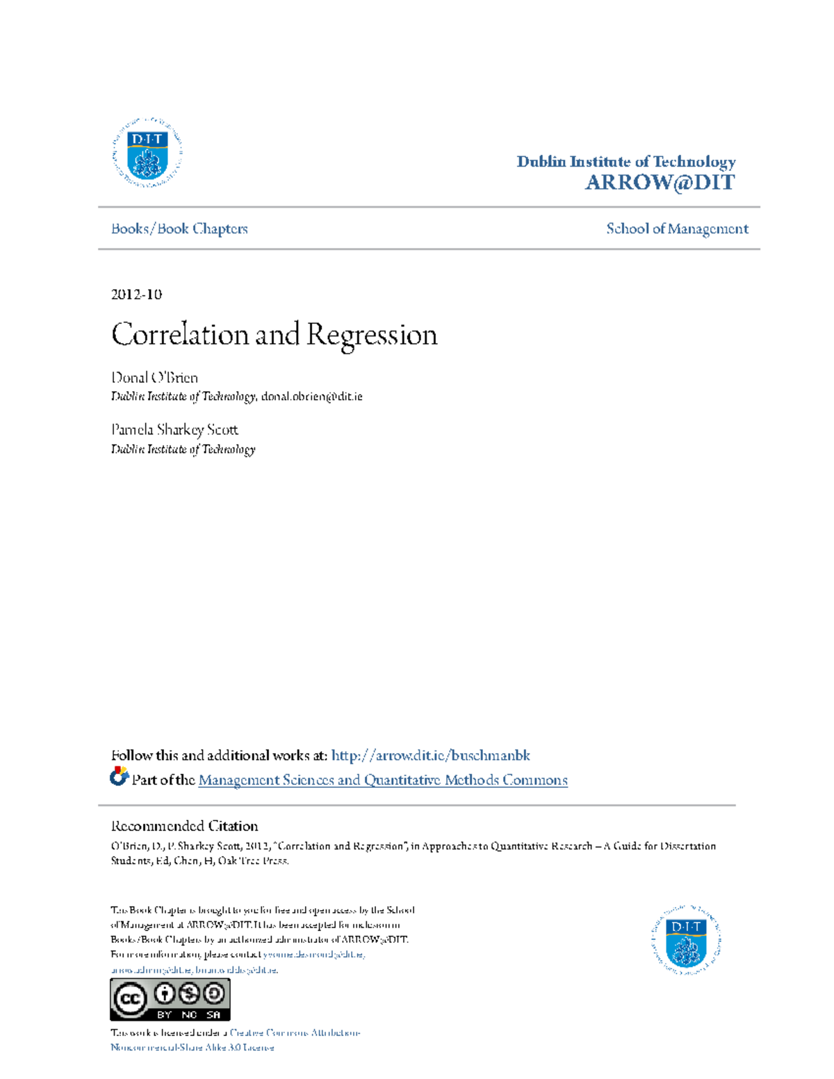Correlation and Regression - Dublin Institute of Technology ARROW@DIT Books/Book Chapters School ...