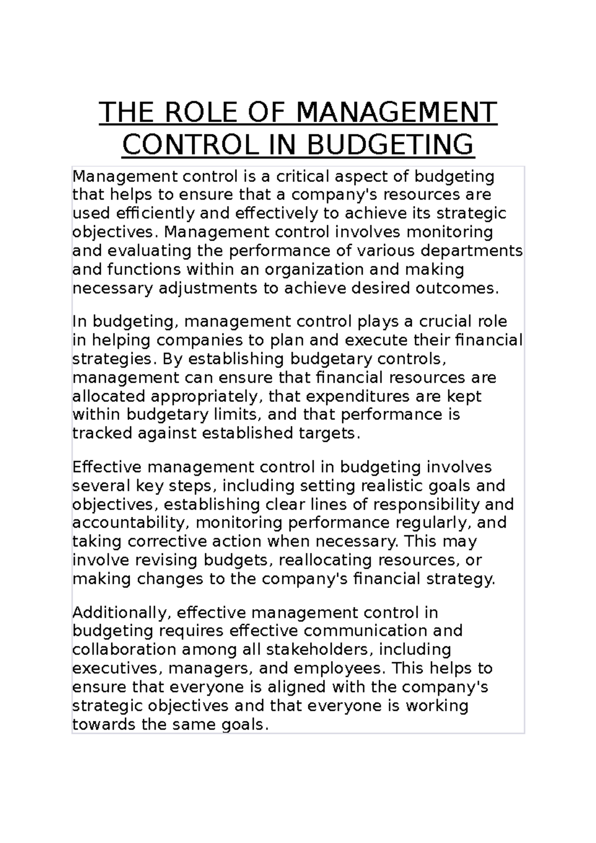 THE ROLE OF Management Control IN Budgeting THE ROLE OF MANAGEMENT the-role-of-management-control-in-budgeting-the-role-of-management