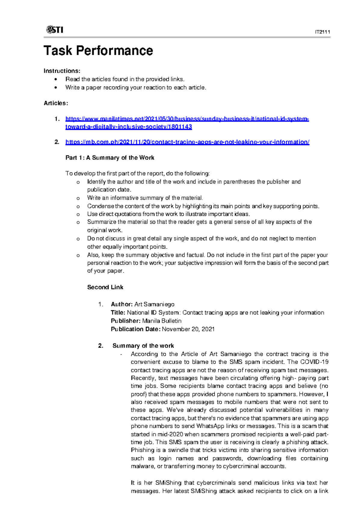 07 TP 01 BA - Essay - IT Task Performance Instructions: - Read the ...