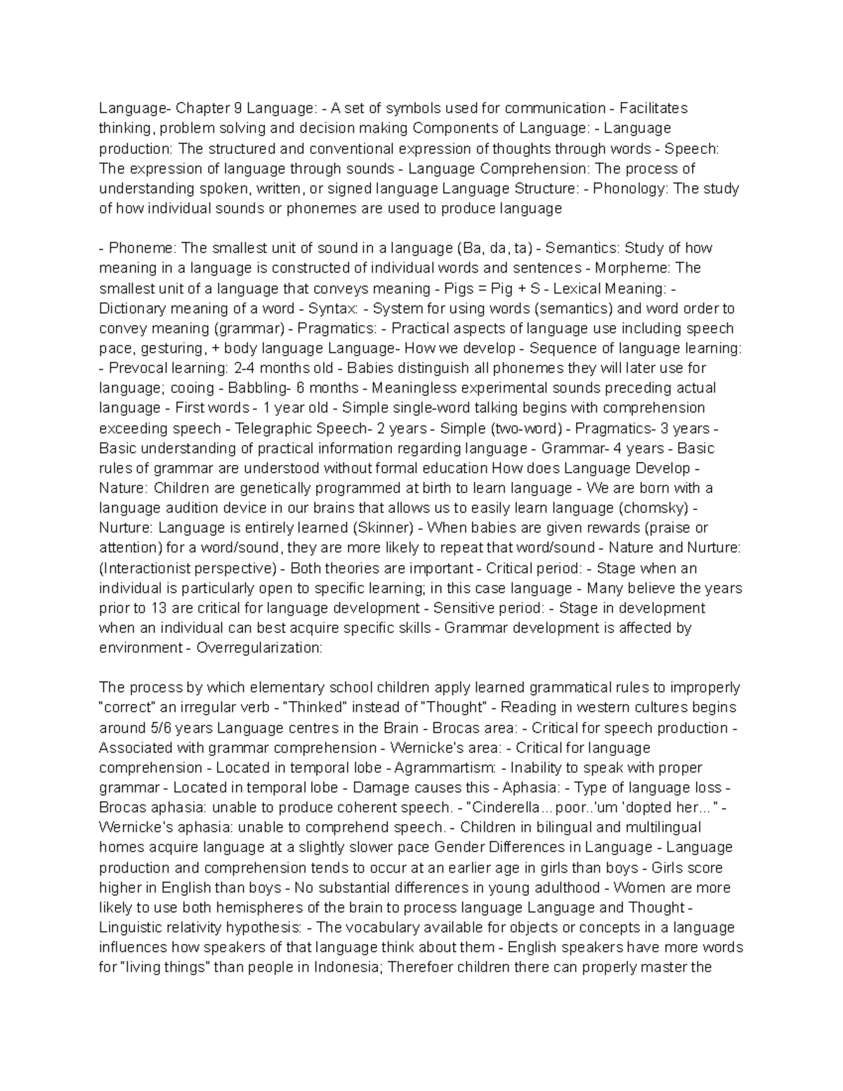 Ps102 final notes ch 9 - Language- Chapter 9 Language: - A set of ...