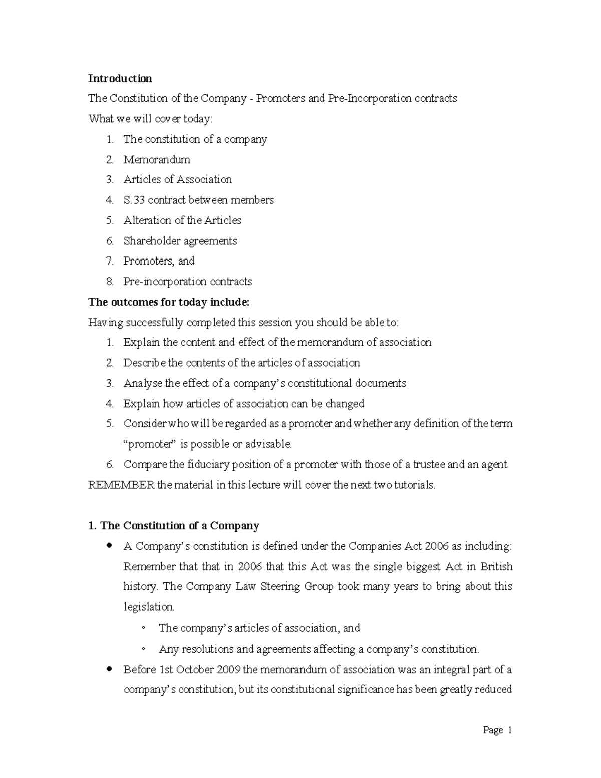 Week 4 Notes- Promoters - Introduction The Constitution of the Company ...