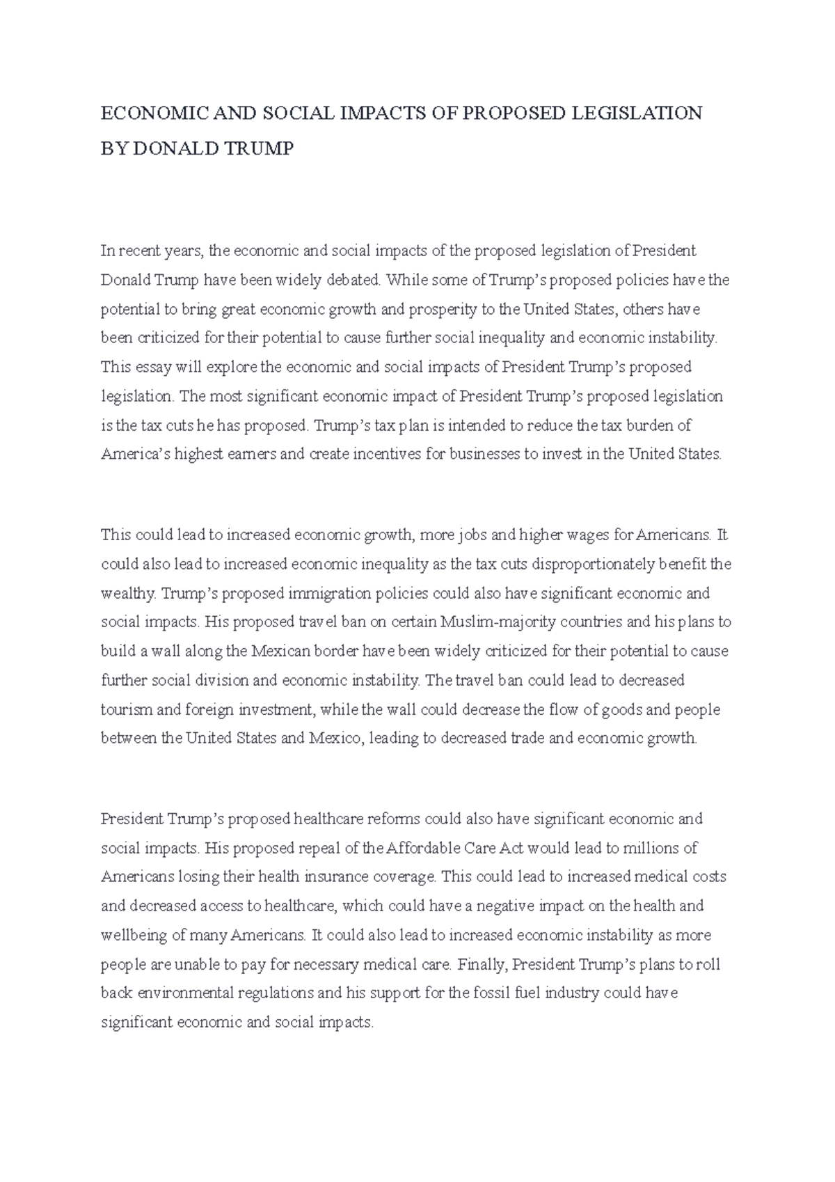 Economic AND Social Impacts OF Proposed Legislation BY Donald Trump ...