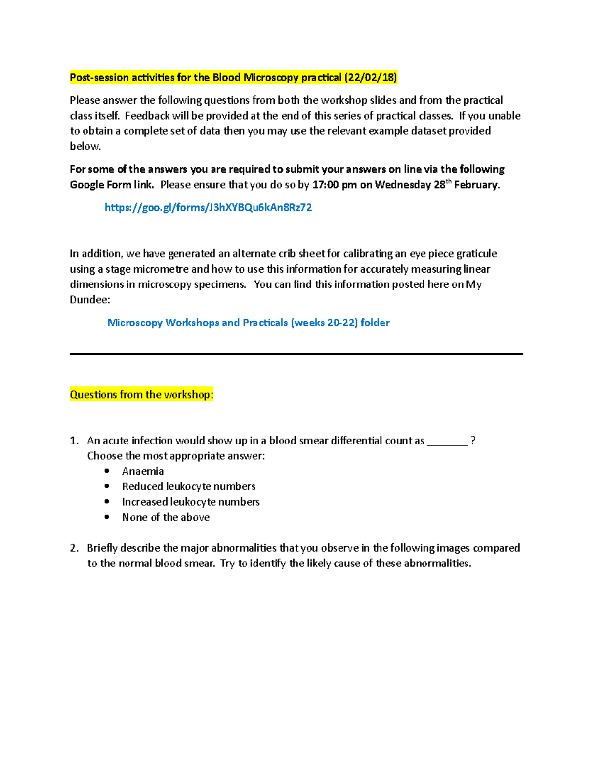 Microscopy TWO - post session activities - Post-session activities for ...