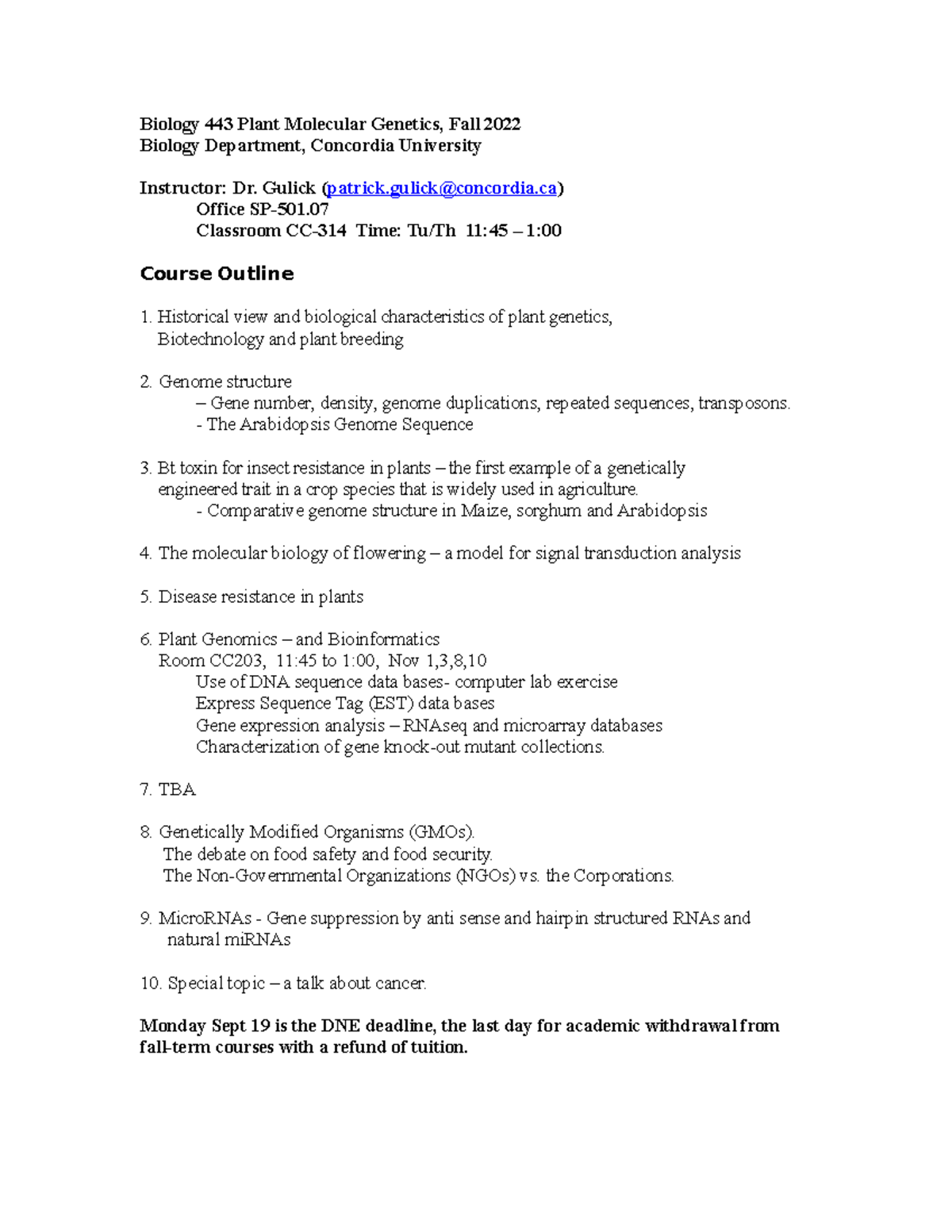 BIOL 443 Outline 2022-Gulick v2 - Biology 443 Plant Molecular Genetics ...