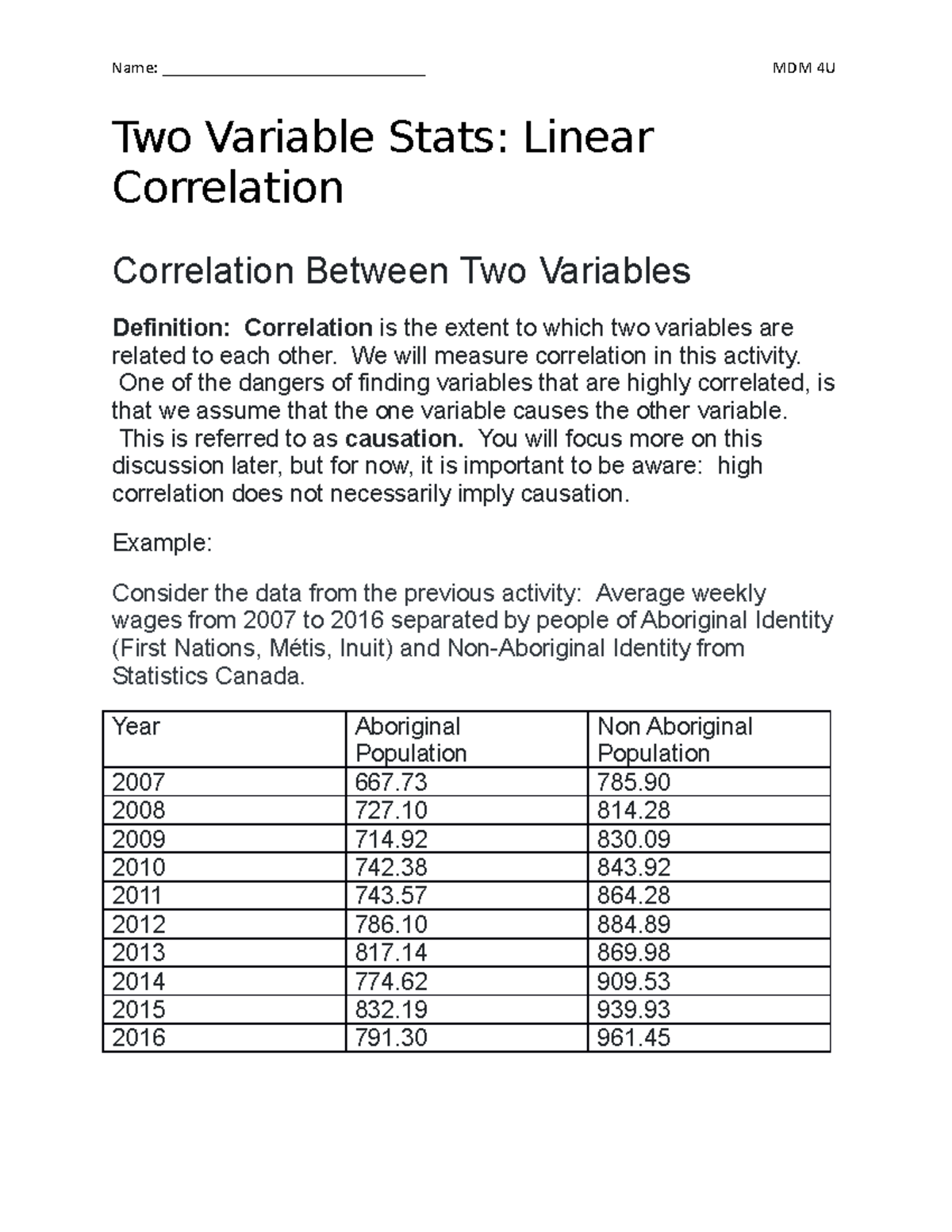 1 a Linear correlation - Name: _______________________________ MDM 4U Two Variable Stats: Linear ...