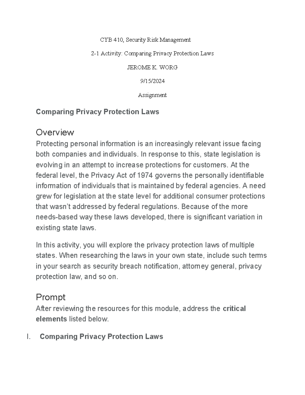 2 1 Activity Comparing Privacy Protection Laws jerome - CYB 410 ...