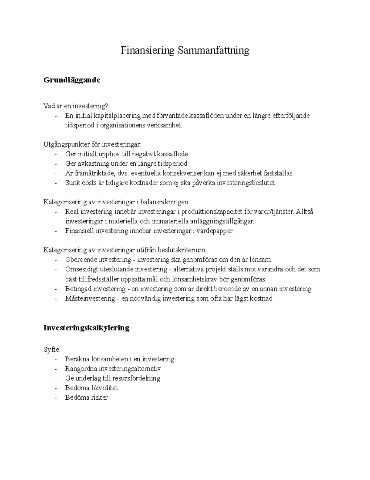 Finansiering Sammanfattning - Finansiering Sammanfattning Grundläggande ...