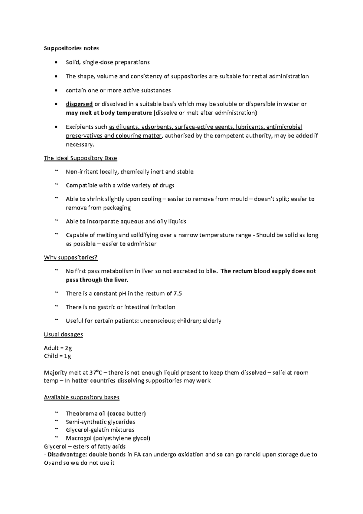Suppositories notes - Summary No-oral dosage forms - Suppositories ...