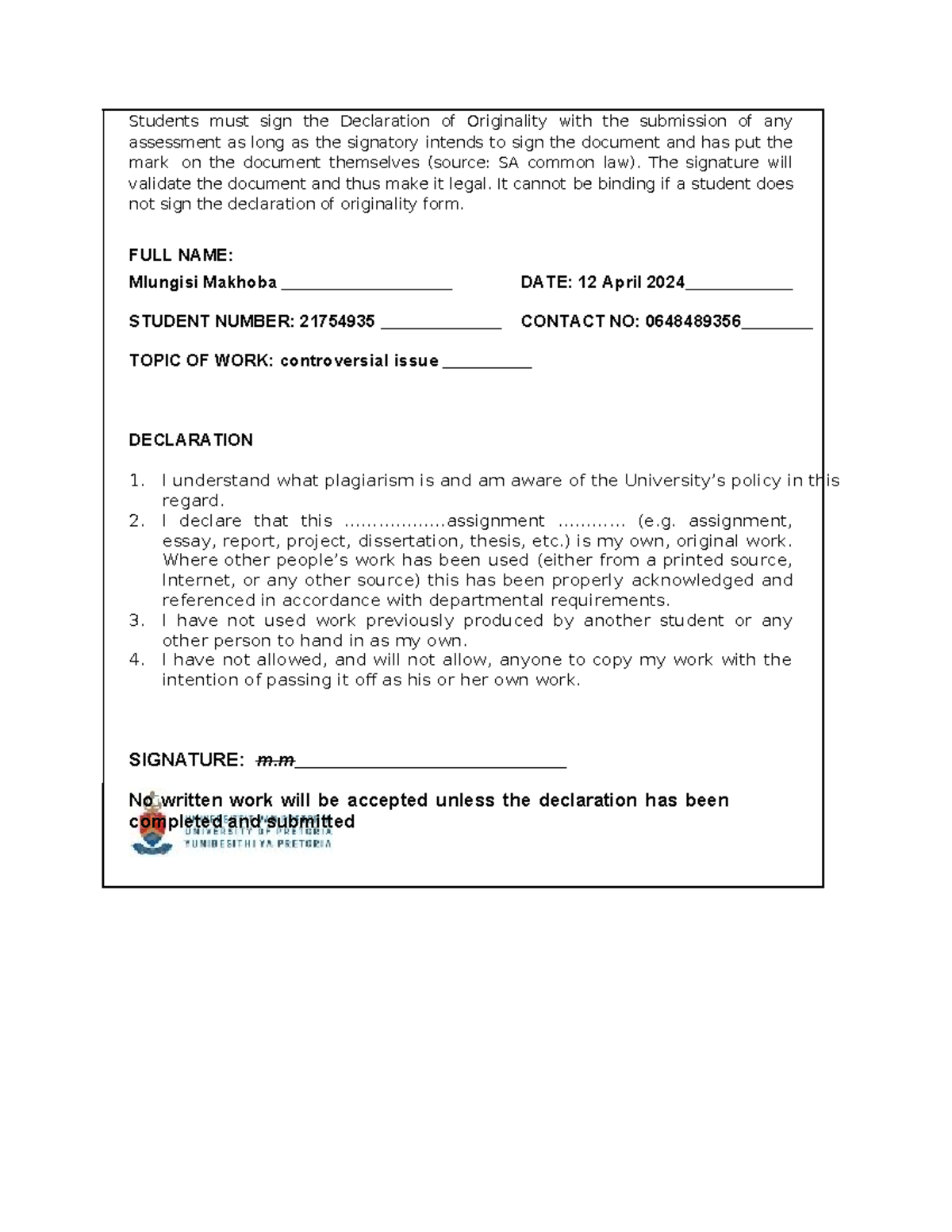 Jmh controversial - Write - Students must sign the Declaration of ...