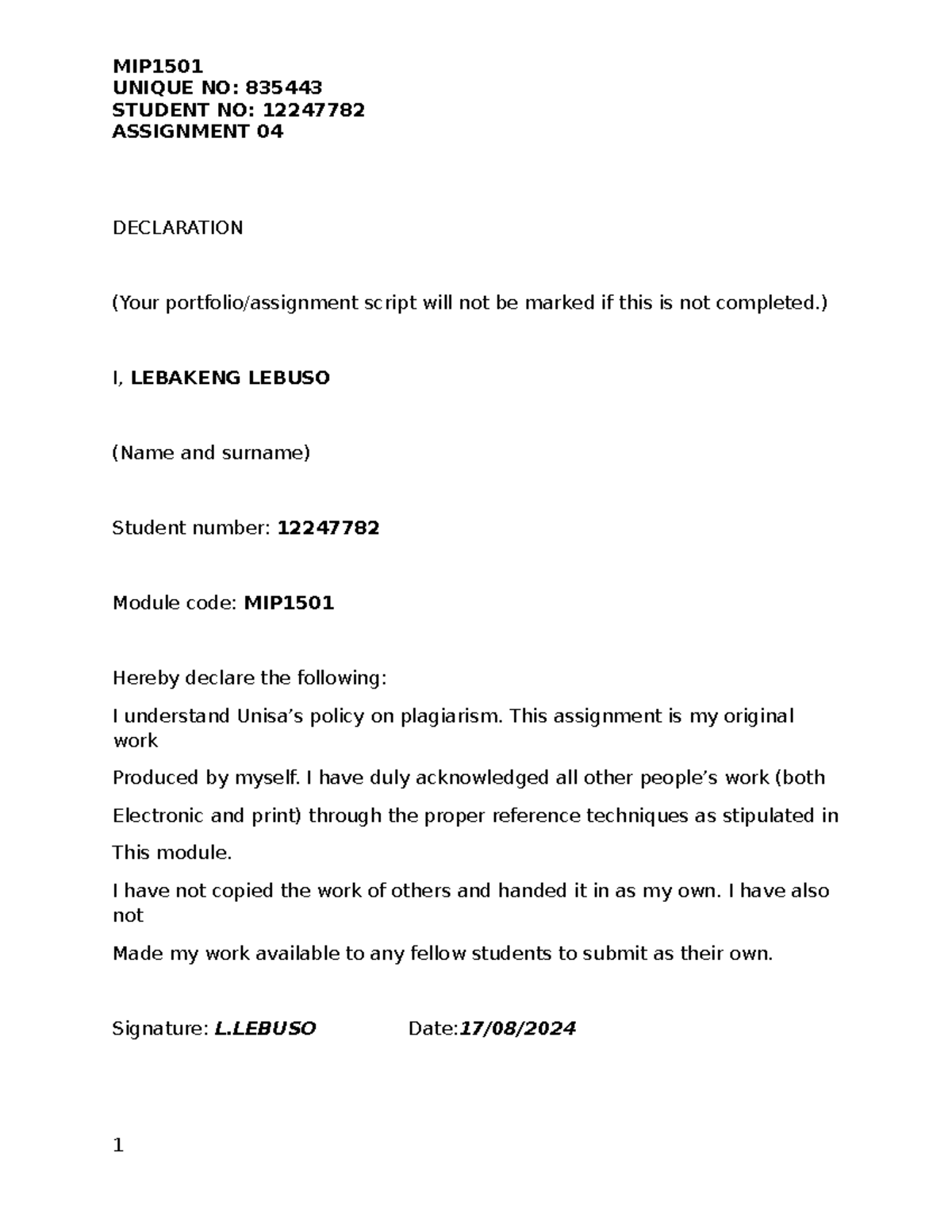 MIP1501 Assignment 04 - UNIQUE NO: 835443 STUDENT NO: 12247782 ...