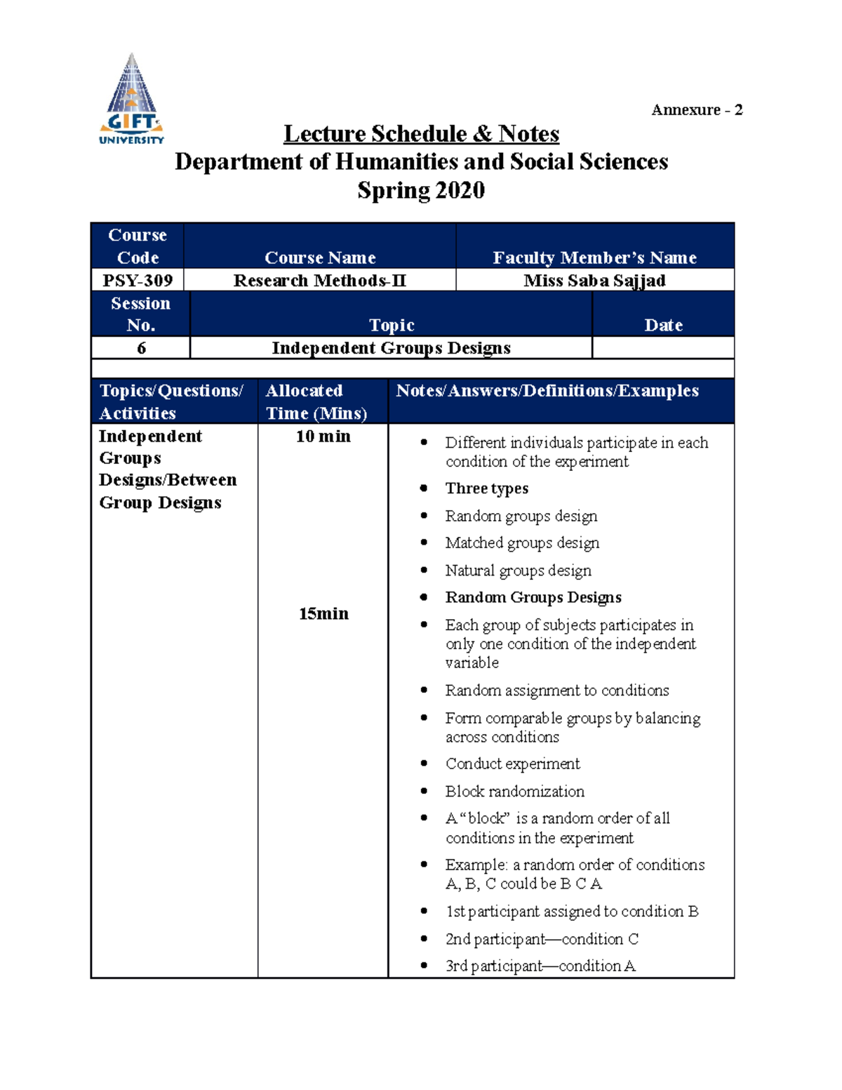 Independent Groups Designs - Annexure - 2 Lecture Schedule & Notes ...