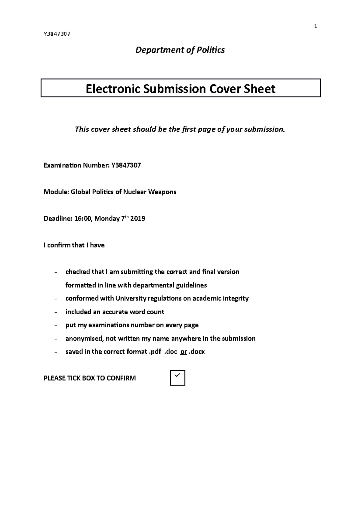 Summative Essay - Y Department of Politics Electronic Submission Cover ...
