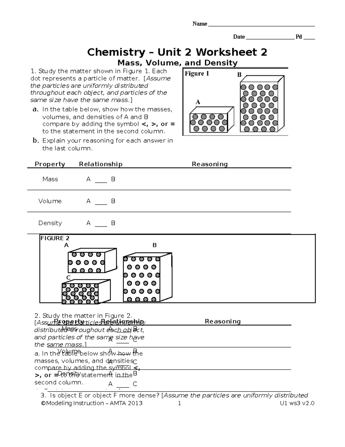 03-ws2 - Chemistry Extra Density Practice Key - 2. Study the matter in ...