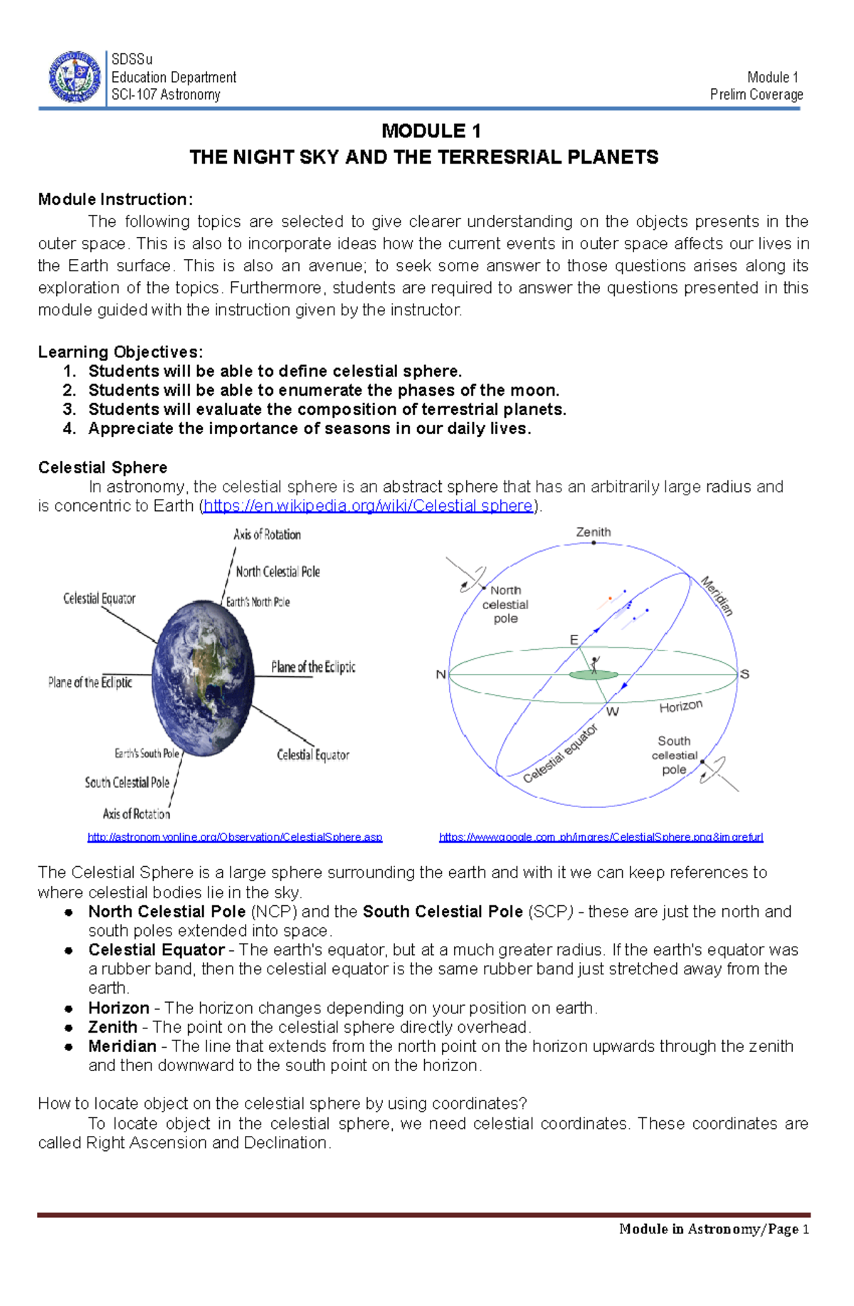 THE Night SKY AND THE Terresrial Planets - Education Department Module ...