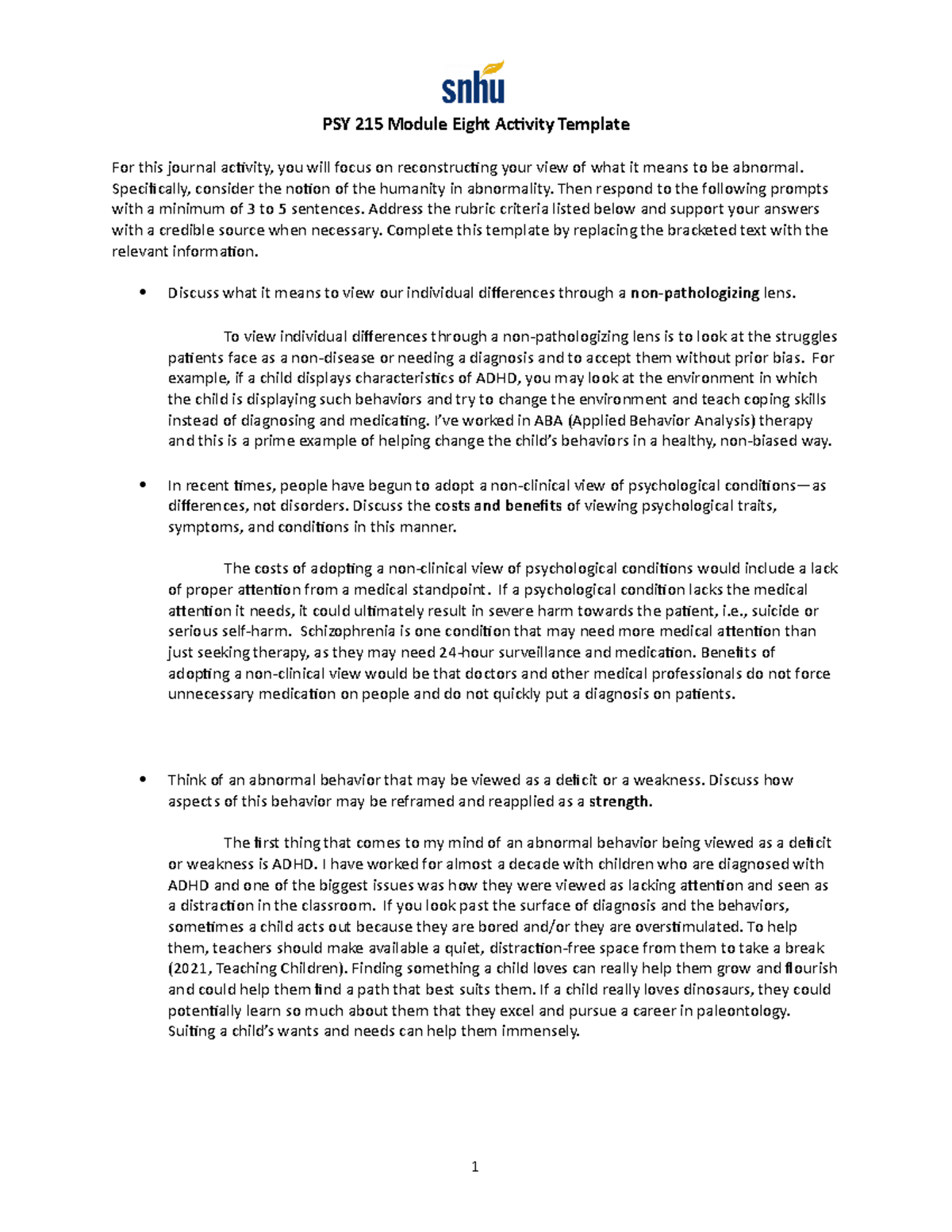 Module 8 Activity Template- Completed - PSY 215 Module Eight Activity Template For this journal ...