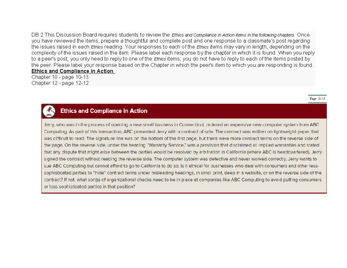 DB 2 Ethics and Compliance in Action CH10 and 12 - DB 2 This Discussion ...