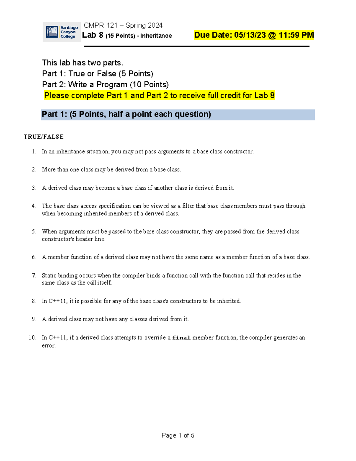 CMPR 121 - T 600 Spring 2024 Week 12 Lab 8 Inheritance - Lab 8 (15 ...