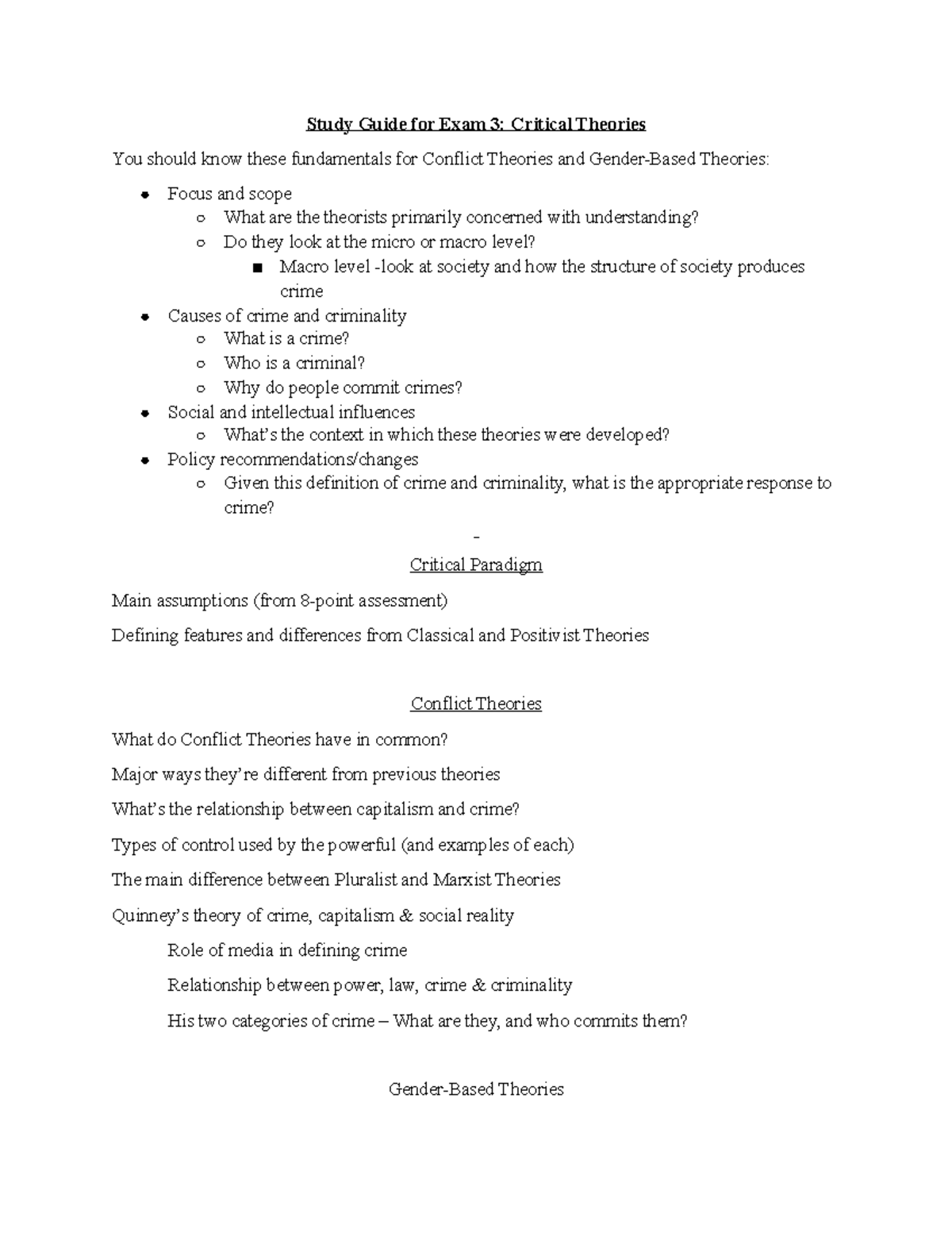 Study Guide for Exam 3 Critical Theories - Study Guide for Exam 3 ...