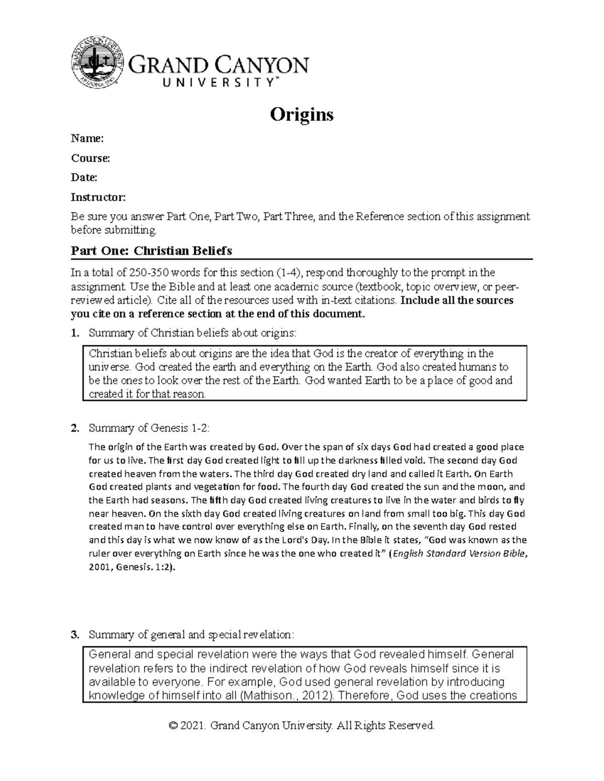 Origins CVW - Online Class - Origins Name: Course: Date: Instructor: Be ...