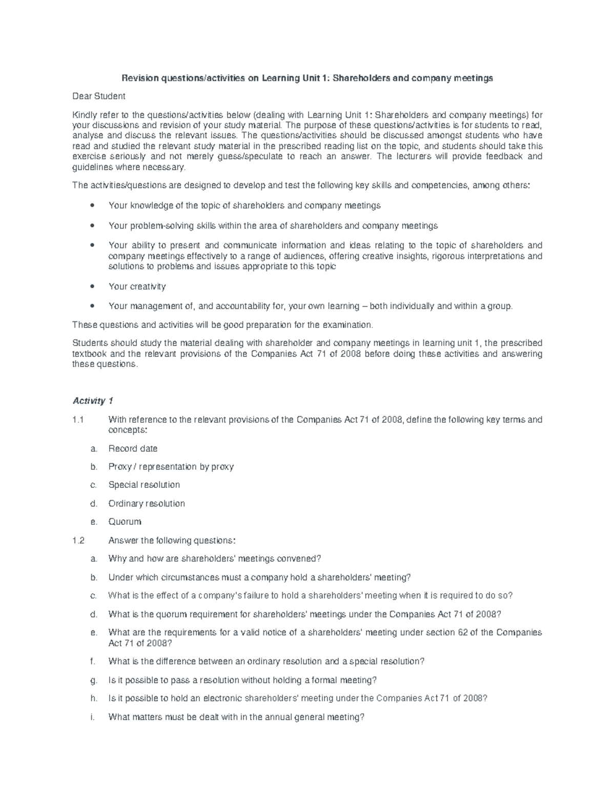 LML4806 Study Units - Summary Company Law - Revision questions/activities on Learning Unit 1 ...