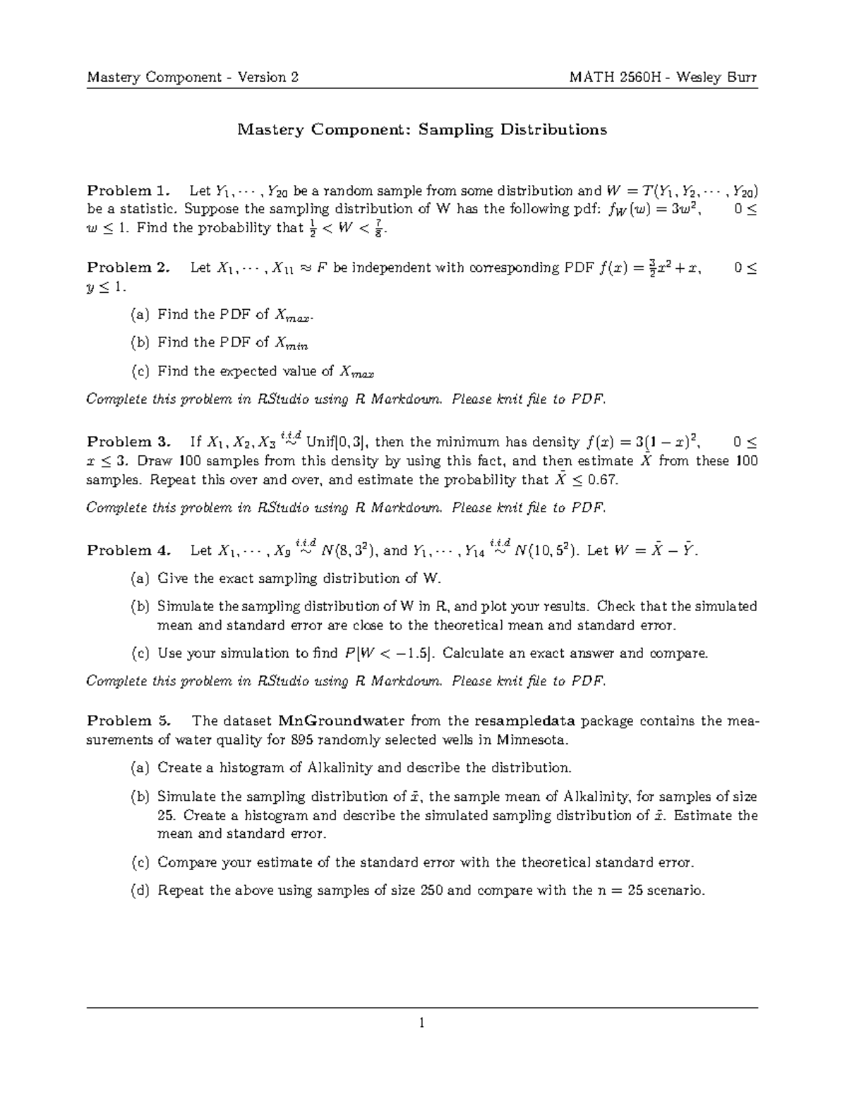 Sampling Dist V2 - Assignment for the course - Mastery Component - Version 2 MATH 2560H - Wesley ...