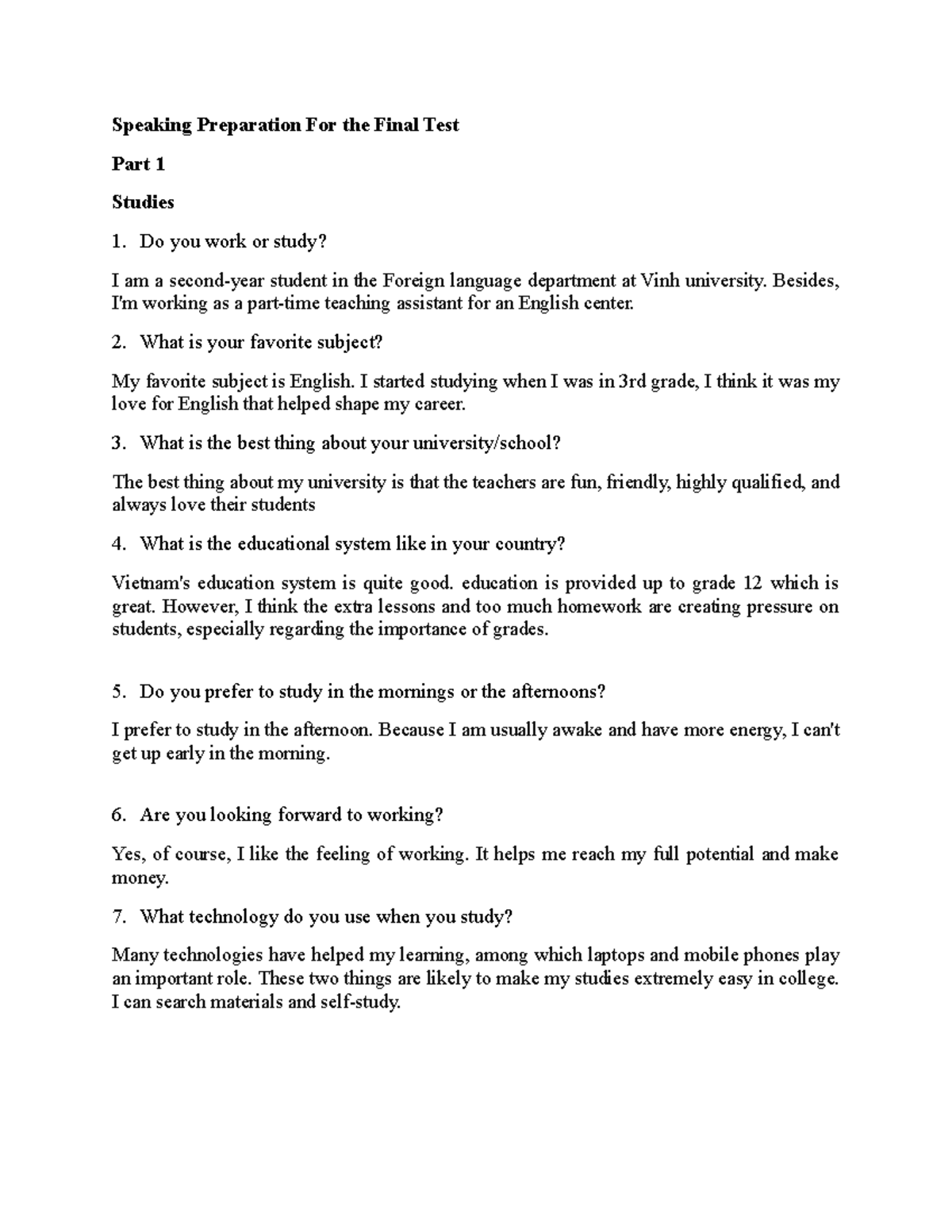 Speaking Preparation For the Final Test - Besides, I'm working as a ...