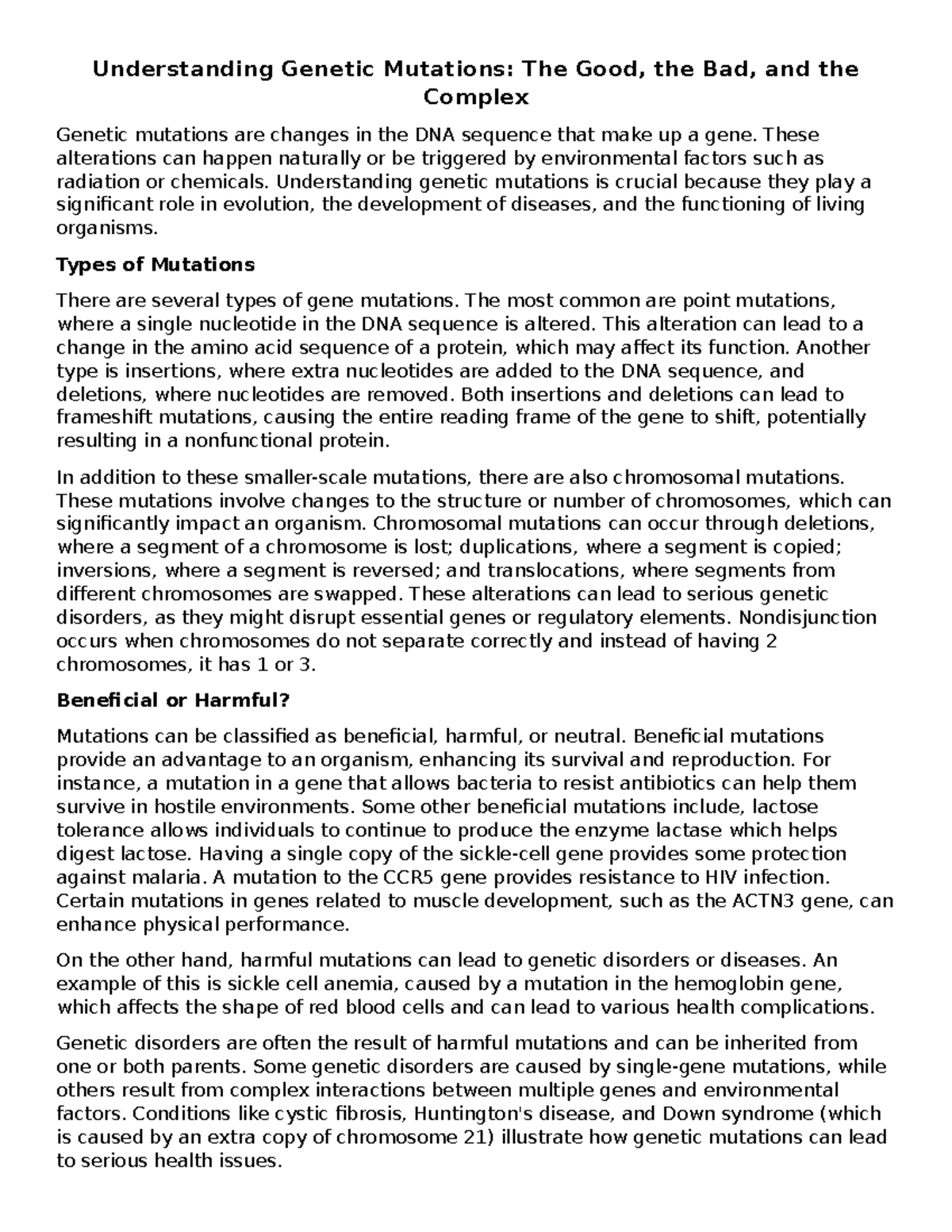 Understanding Genetic Mutations Reading - Understanding Genetic ...