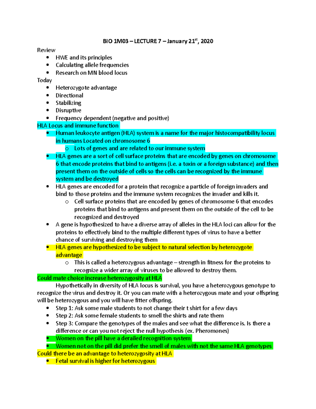 Lecture 7 - BIO 1M03 - BIO 1M03 – LECTURE 7 – January 21st, 2020 Review ...