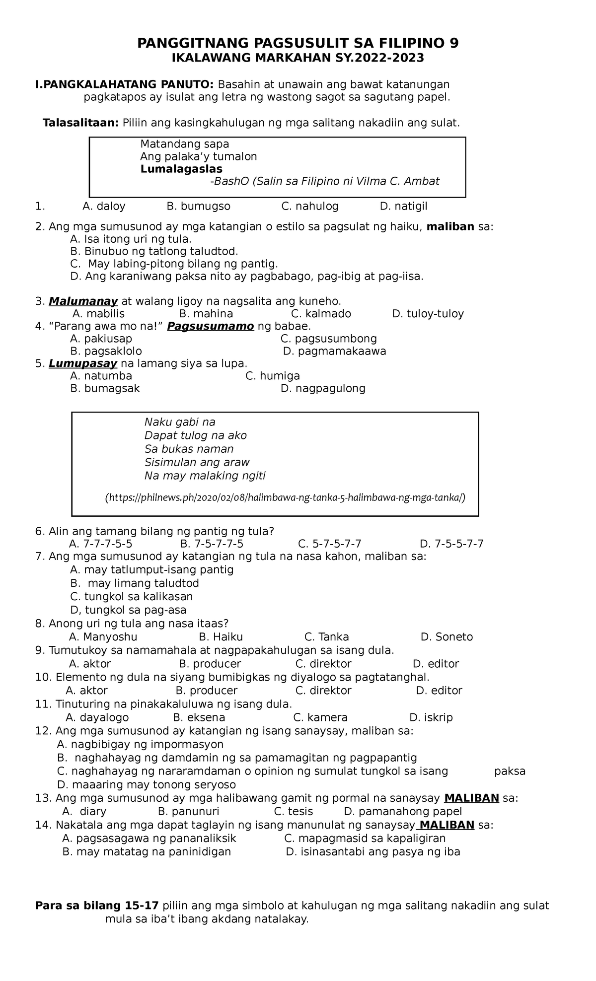 Q2- Panggitnang- Pagsusulit-SA- Filipino-9-2022-2023 - PANGGITNANG ...