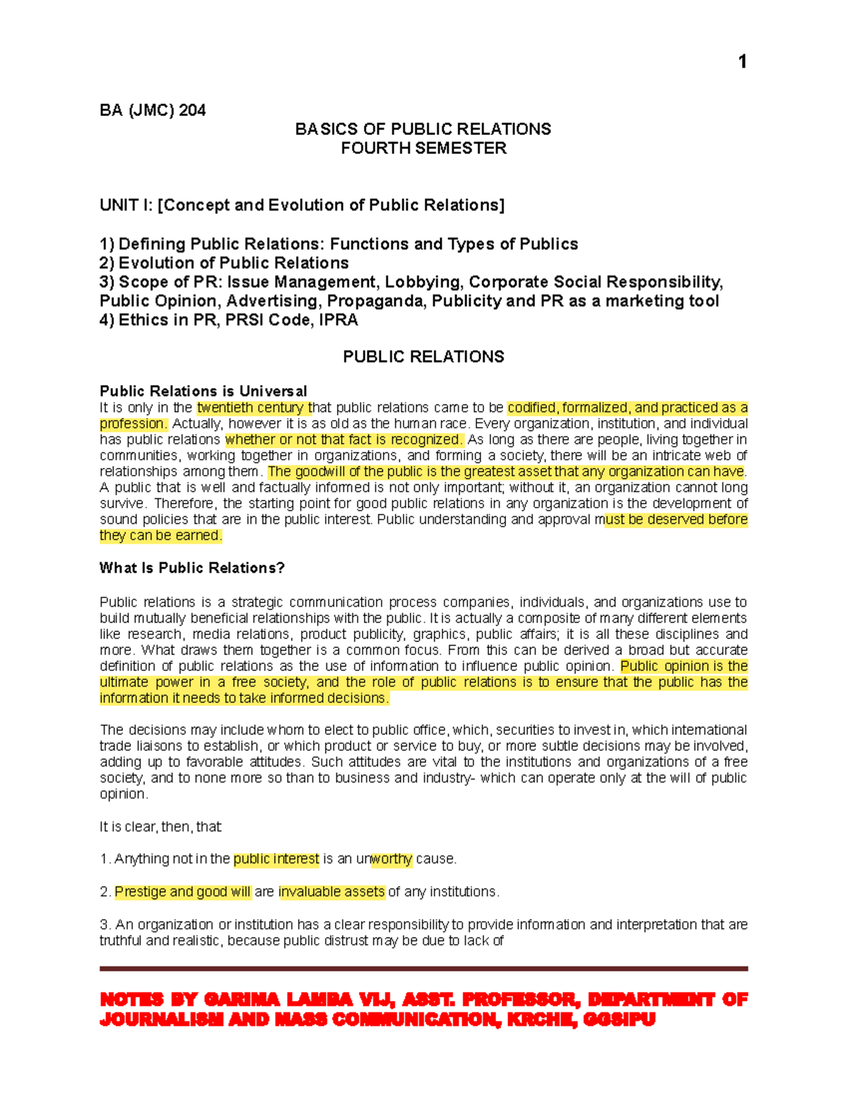 PR Notes - UNIT I - fjbjwhbfrjbg - BA (JMC) 204 BASICS OF PUBLIC ...