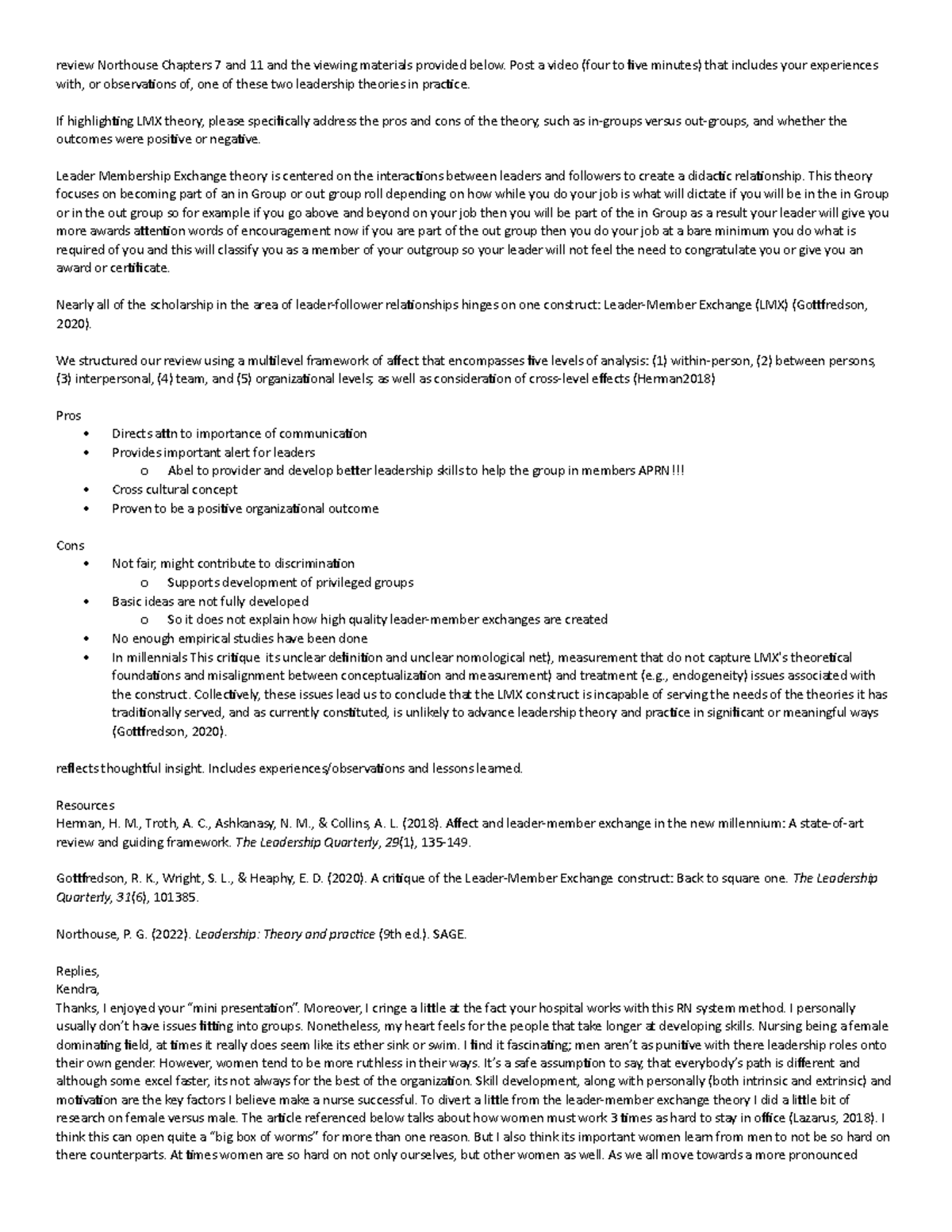 Discussion Post 7 LMX theory - review Northouse Chapters 7 and 11 and ...