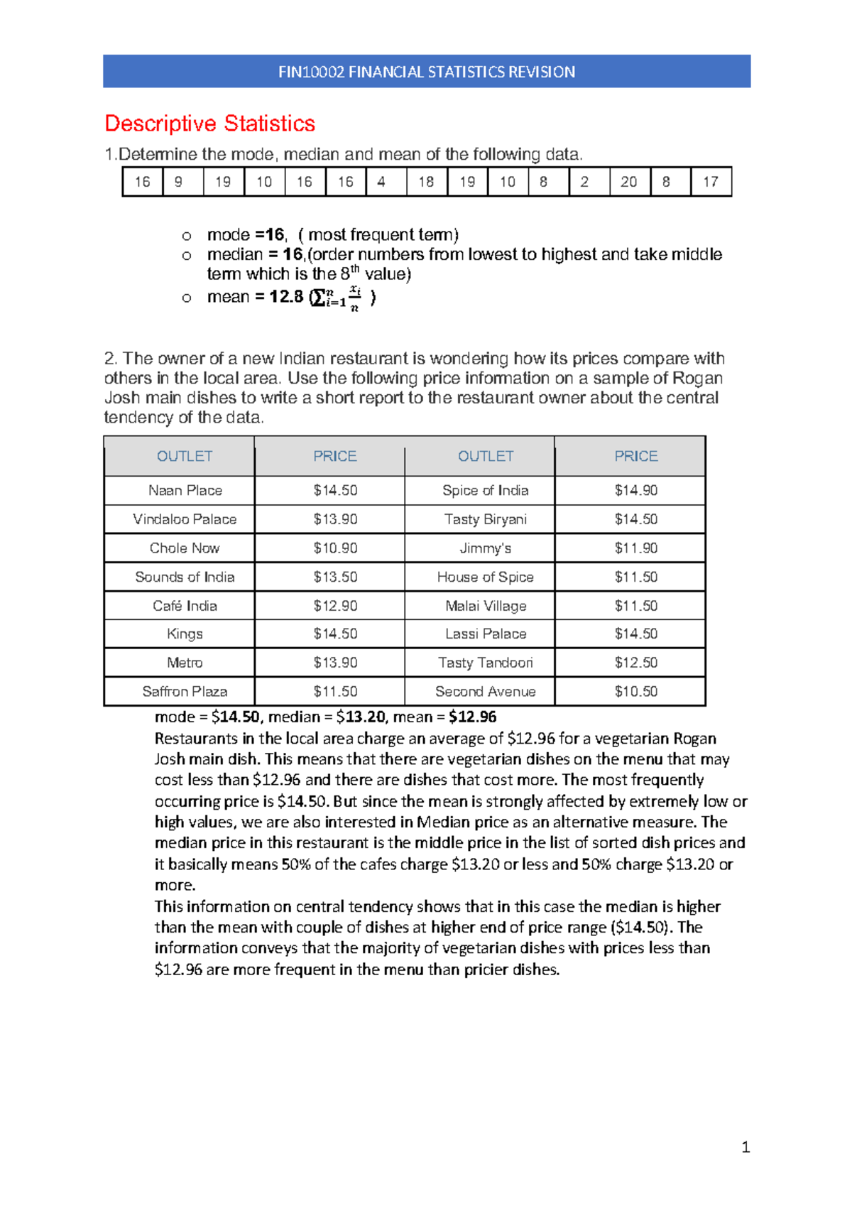 Sample/practice exam 2018, answers - Descriptive Statistics 1 the mode ...
