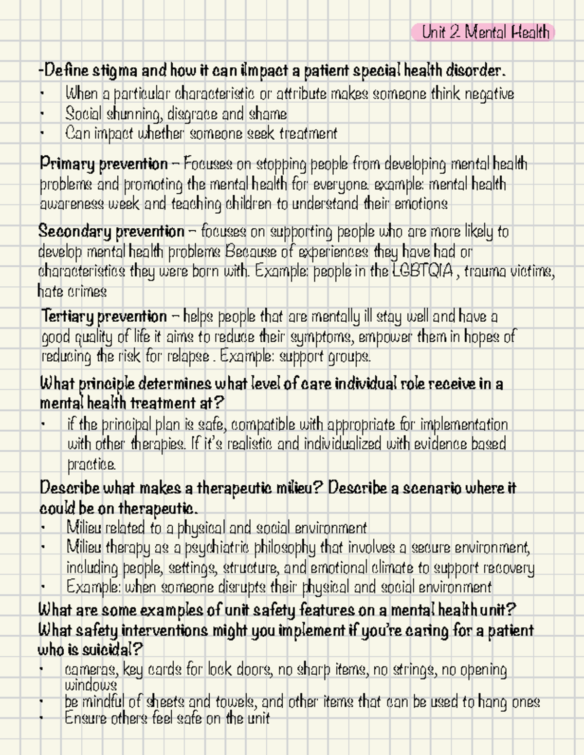 Unit 2 notes - Unit 2 Mental Health -Define stigma and how it can ...