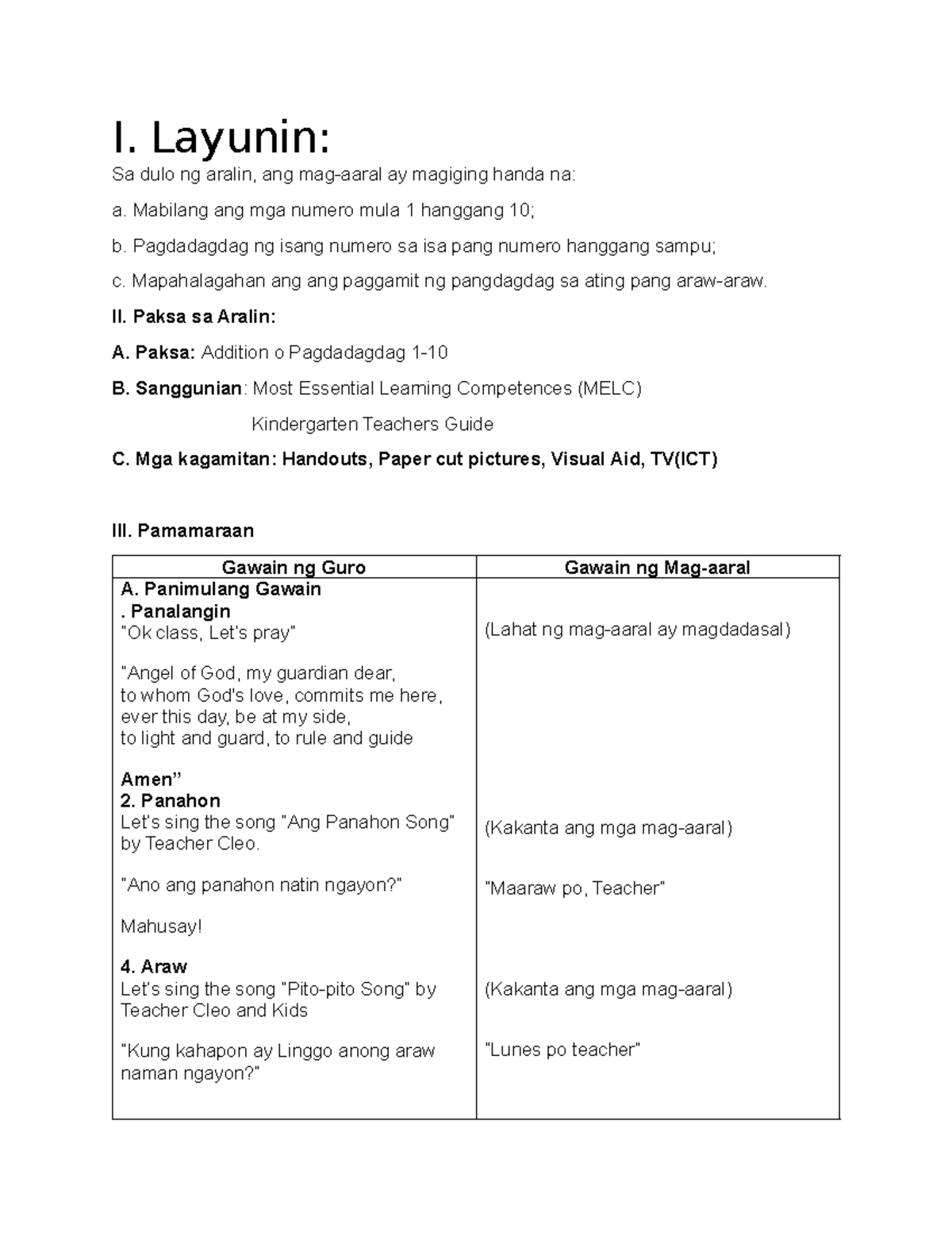 8. Addition - Detailed Lesson Plan for Kindergarten - I. Layunin: Sa ...