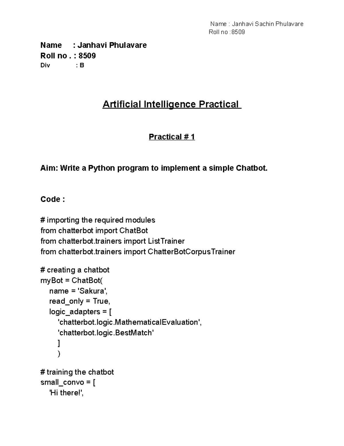 AI Pract 1 - good - Name : Janhavi Sachin Phulavare Roll no : Name : Janhavi Phulavare Roll no ...