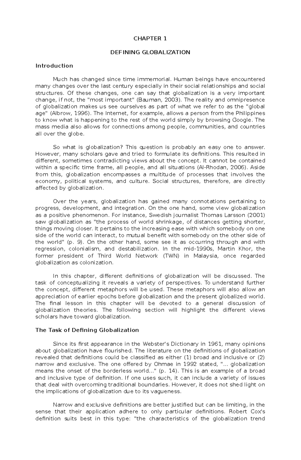 Globalization - CHAPTER 1 DEFINING GLOBALIZATION Introduction Much has changed since time - Studocu