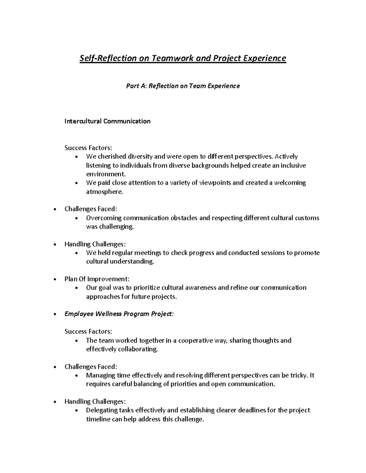 Self Reflection - Self-Reflection on Teamwork and Project Experience Part A: Reflection on Team ...