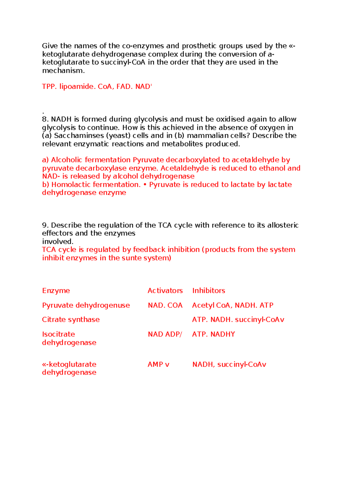 Class test sept - Give the names of the co-enzymes and prosthetic ...
