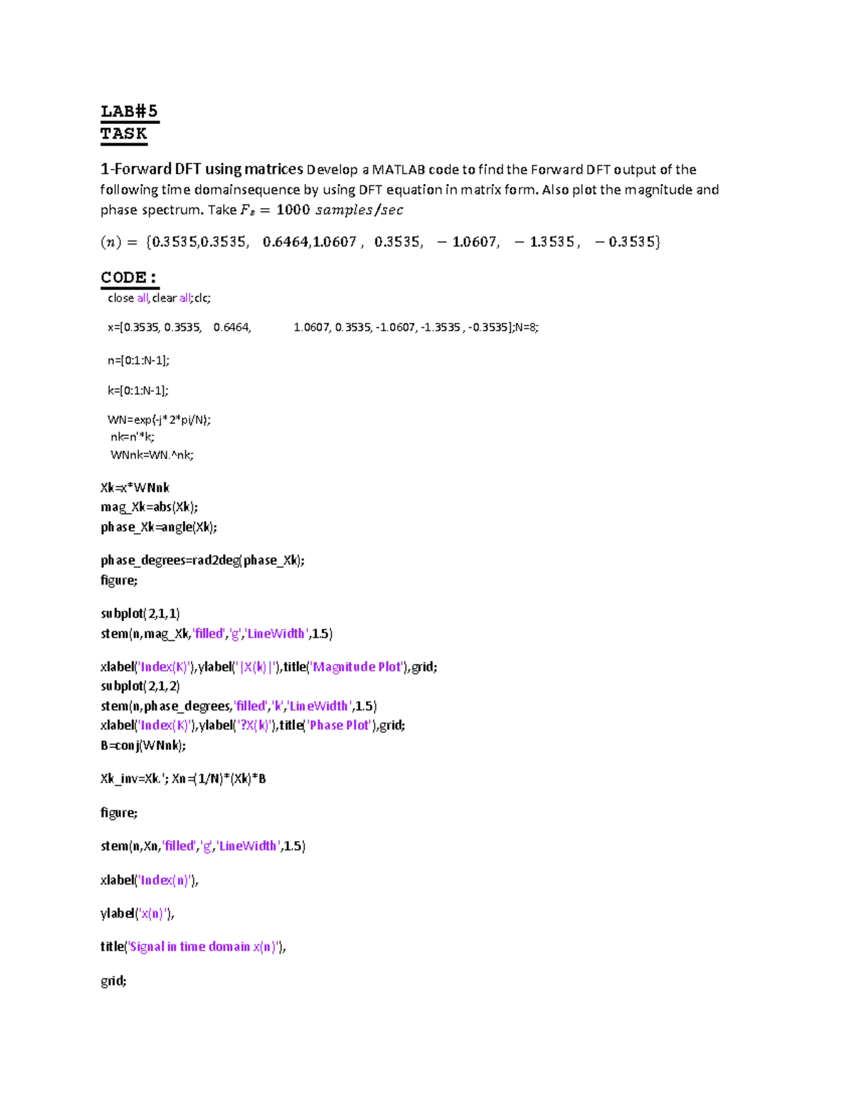 LAB 5 DSP - this is the lab 5 - LAB# TASK 1-Forward DFT using matrices ...