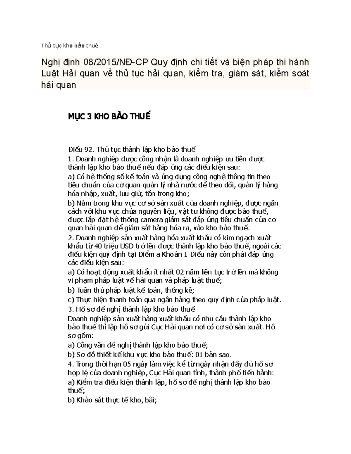 Thủ tuc kho bao thue - àeaf - Th ủ ụt c kho b ảo thuếế Nghị định 08/2015/NĐ-CP Quy định chi tiết ...