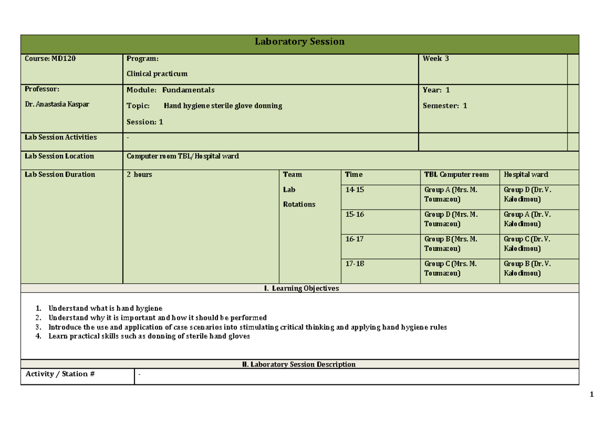 Lab Plan CP Hand Hygiene - Laboratory Session Course: MD120 Program ...
