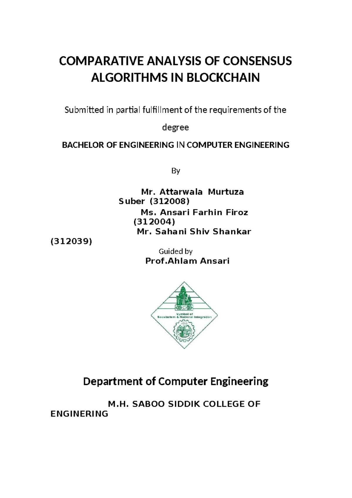 Sem Vi Mini Project Comparative Analysis Of Consensus Algorithms In Blockchain Submitted In