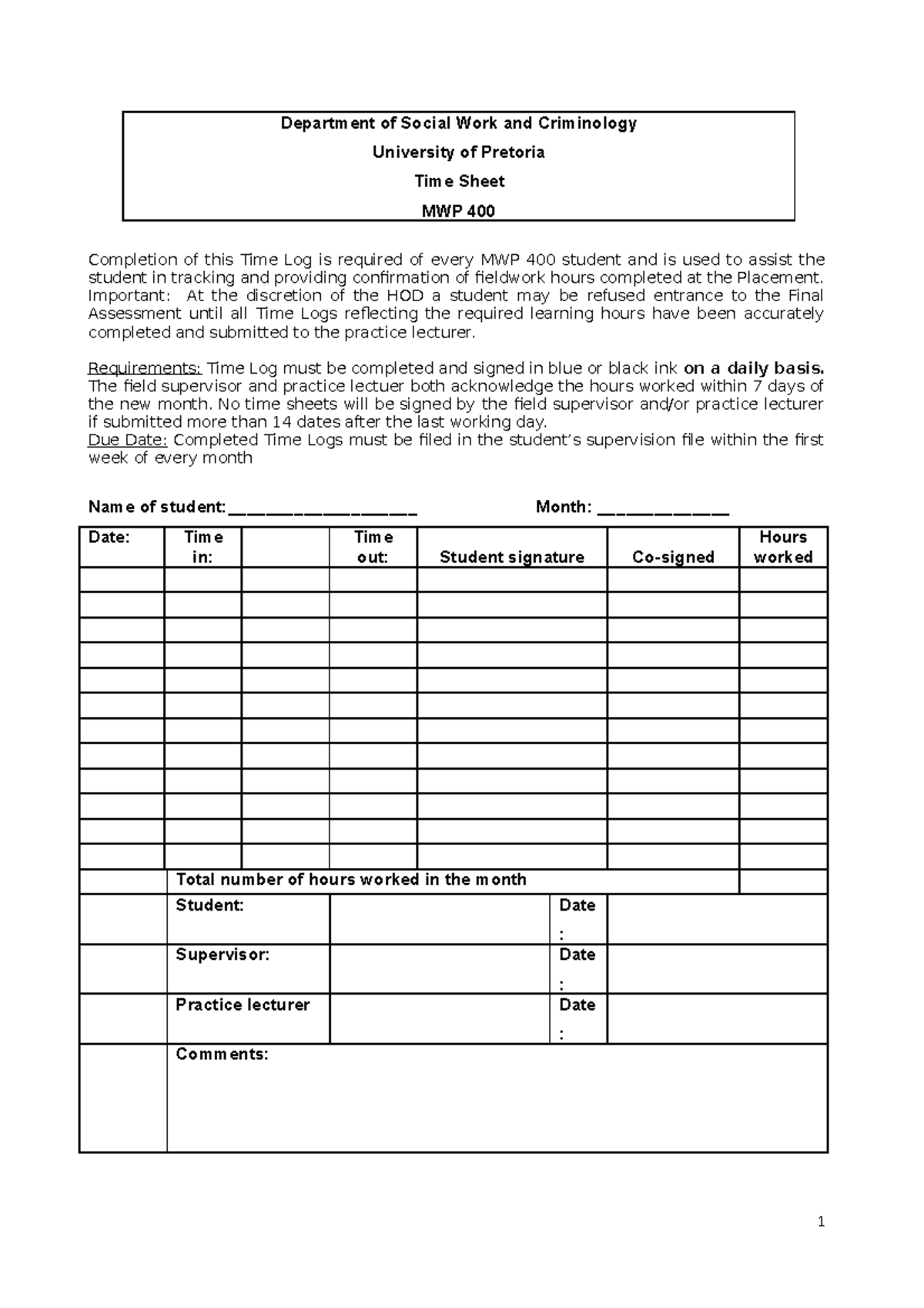 Time sheet - A summary of social work textbook - Department of Social ...