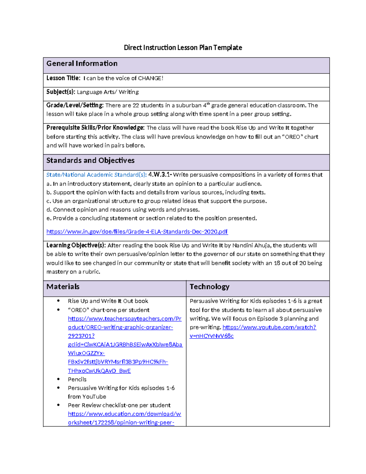 C365 Lesson Plan-Be the voice of change - Direct Instruction Lesson Plan Template General - Studocu
