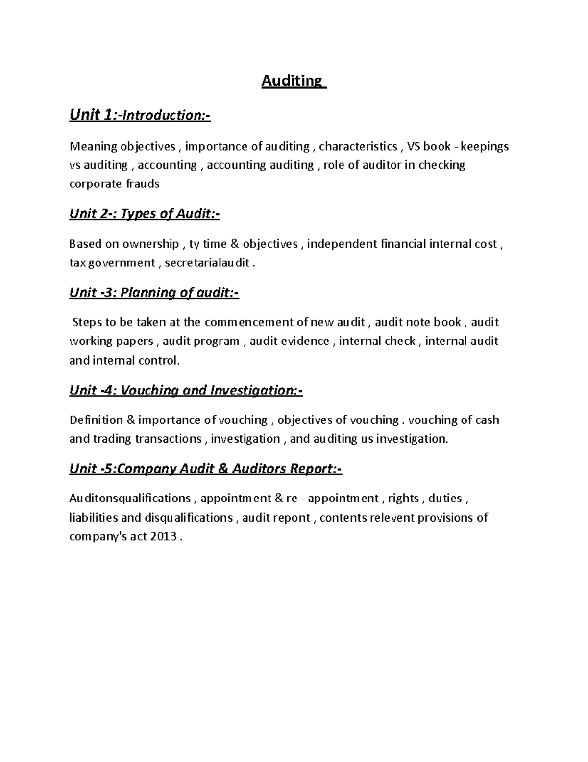 Auditing - Auditing Unit 1:-Introduction:- Meaning objectives , importance of auditing , - Studocu