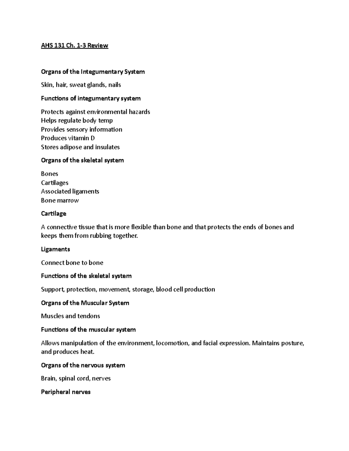 AHS 131 Chapter 1,2,3 - AHS 131 Ch. 1-3 Review Organs of the ...
