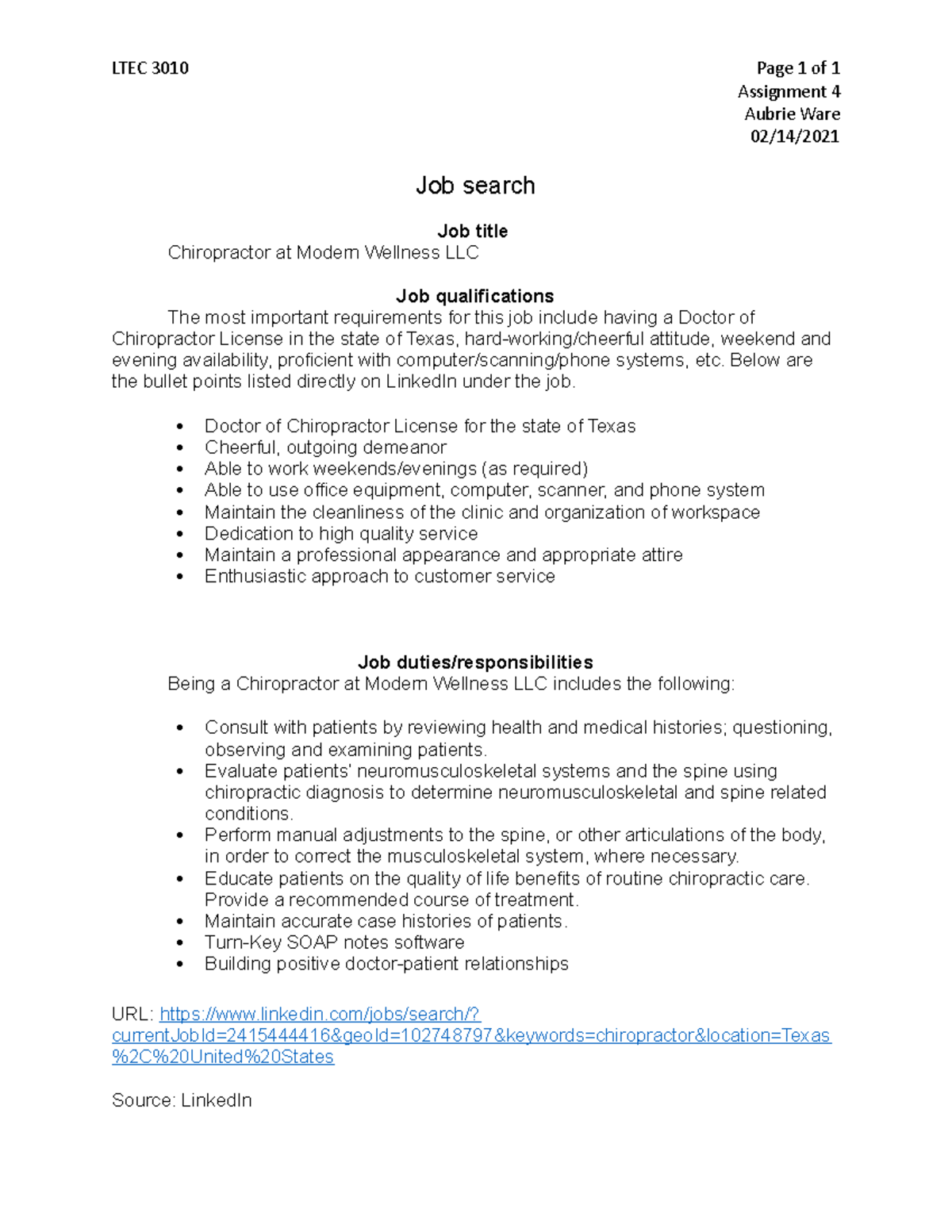 Job search Ware - LTEC 3010 Page 1 of 1 Assignment 4 Aubrie Ware 02/14 ...