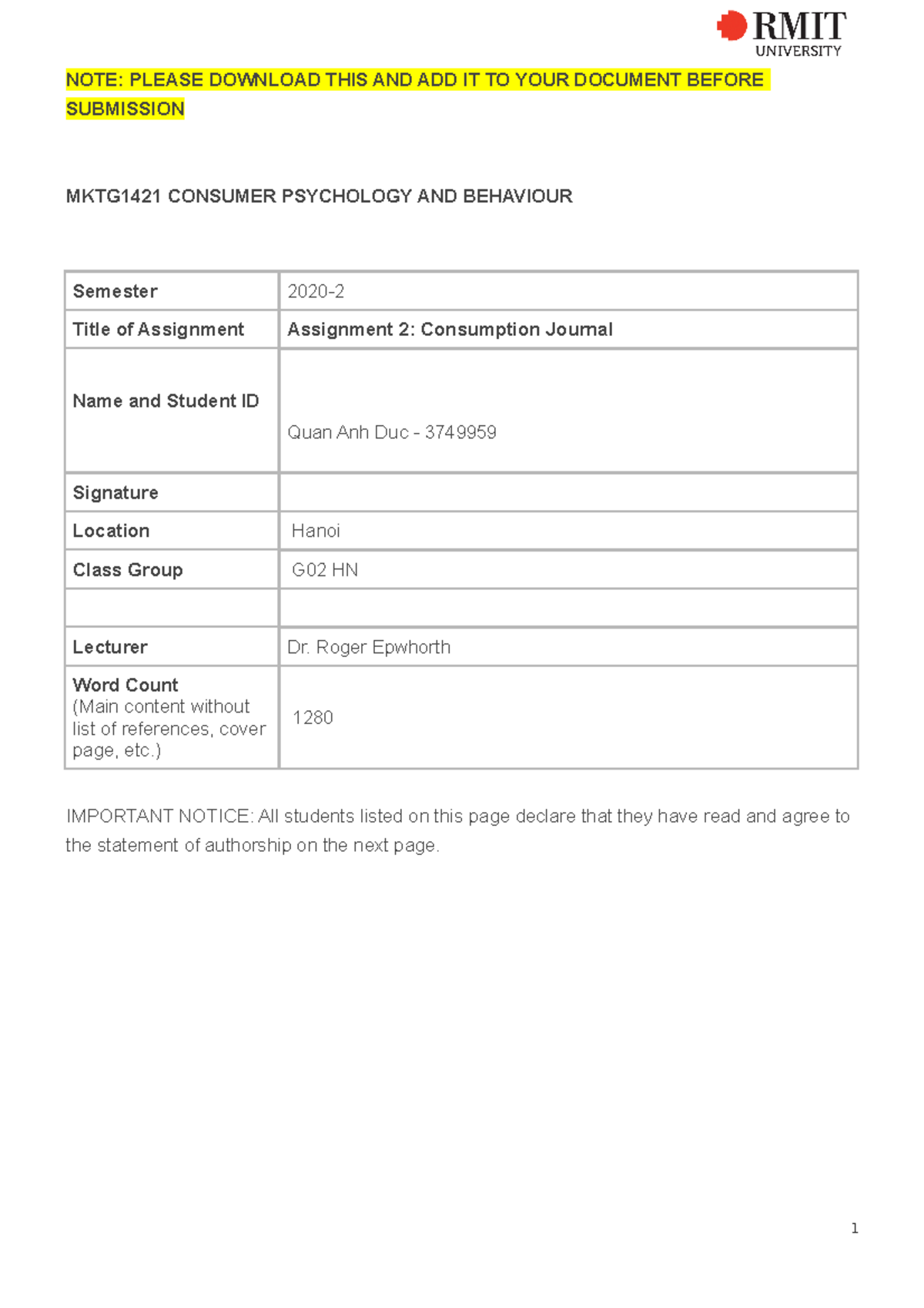 Consumer Behaviour assignment 2 - NOTE: PLEASE DOWNLOAD THIS AND ADD IT TO YOUR DOCUMENT BEFORE ...